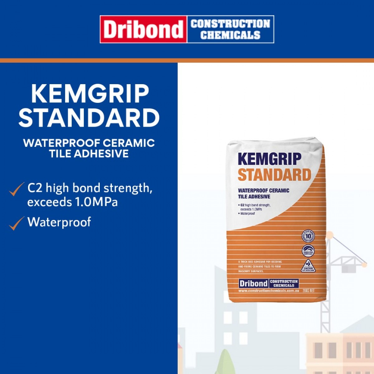 Dribond Kemgrip Standard Waterproof Ceramic Tile Adhesive 20KG (White)