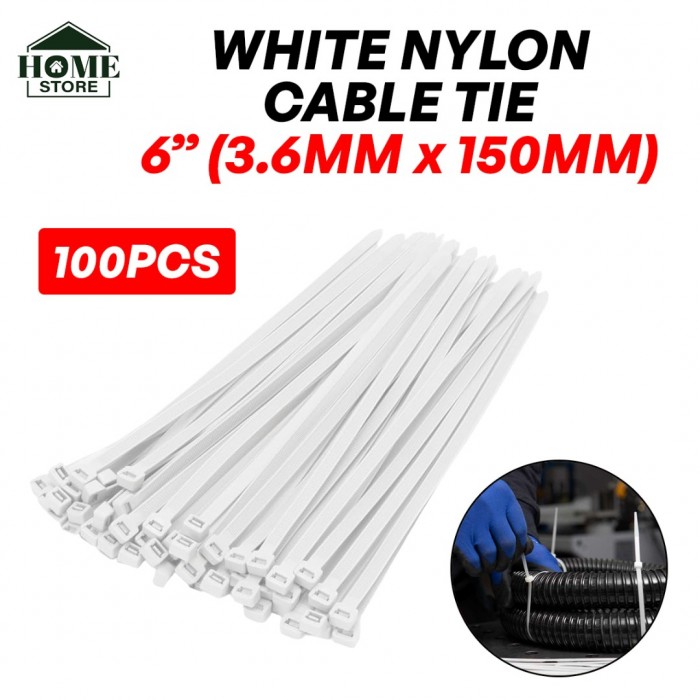 Home Store 6'' White Nylon Cable Tie 3.6MM (W) x 150MM (L) - 100PCS/PKT