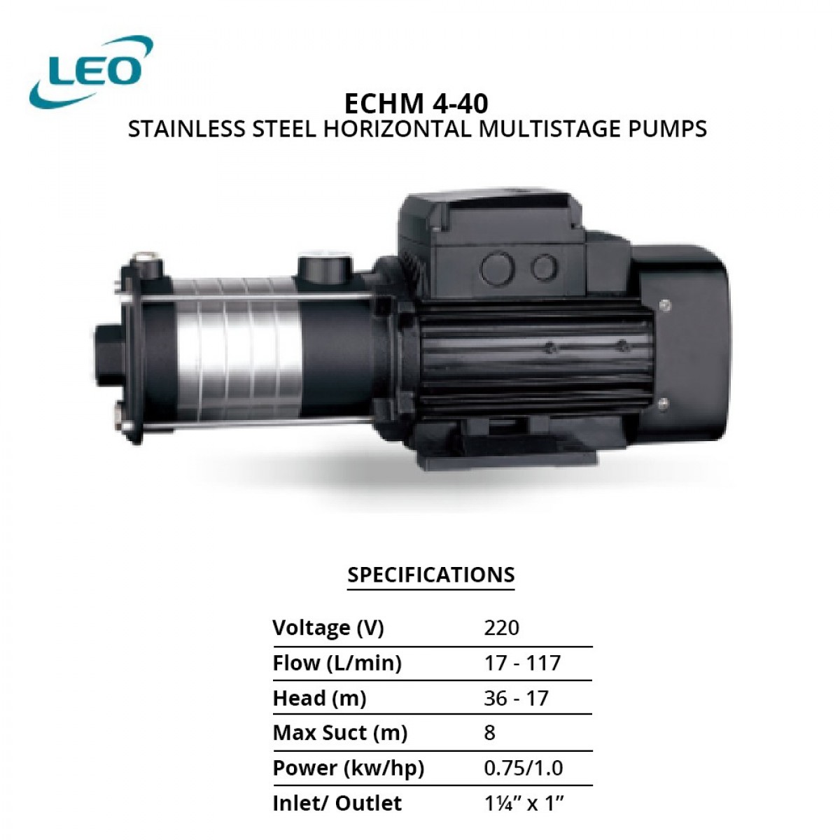 Leo ECHM 4-40 Stainless Steel 304 Horizontal Multistage Pump 0.75KW 1.0HP
