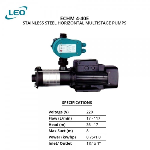 Leo ECHM 4-40E Stainless Steel 304 Horizontal Multistage Pump 0.75KW 1.0HP