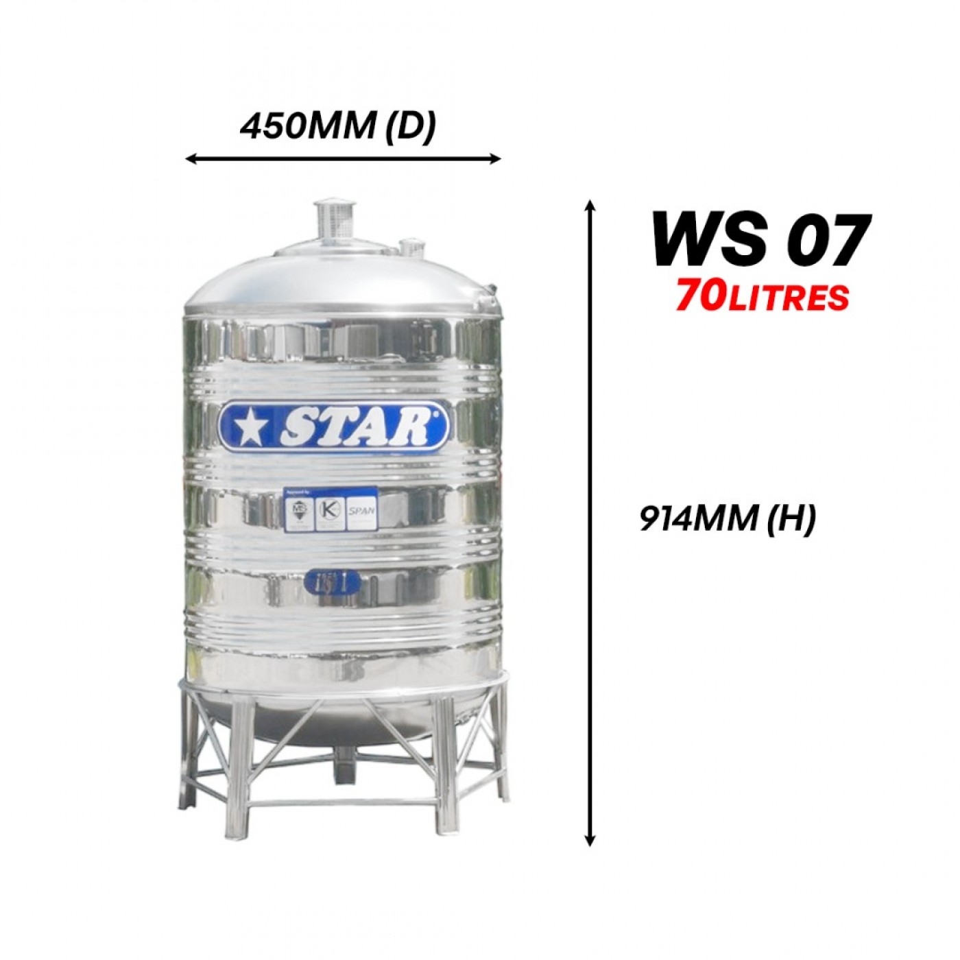Star WS07 Round Bottom With Stand SUS304 Stainless Steel Water Tank 70L/15G