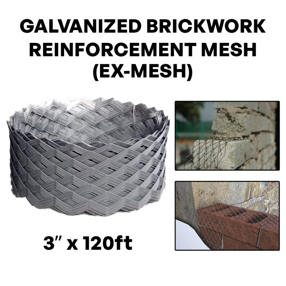 Galvanized Brickwork Reinforcement Wire Mesh Tape (Ex-Mesh) 3" x 120'