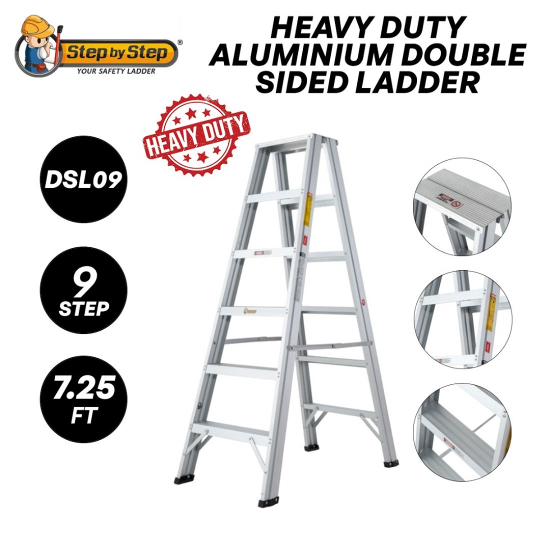 Step by Step DSL09 Heavy Duty Aluminium Double Sided Ladder 9 Step 7.25FT