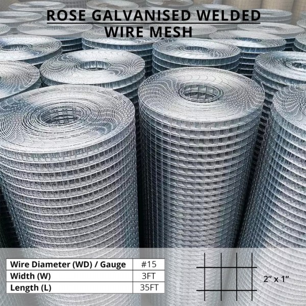 BRC Rose Galvanised Welded Wire Mesh 2" x 1" x 15G (WD) x 3' (W) x 35' (L)