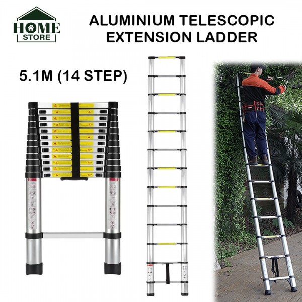 Home Store Aluminium Telescopic Single Extension Ladder 5.1M (14 Step)