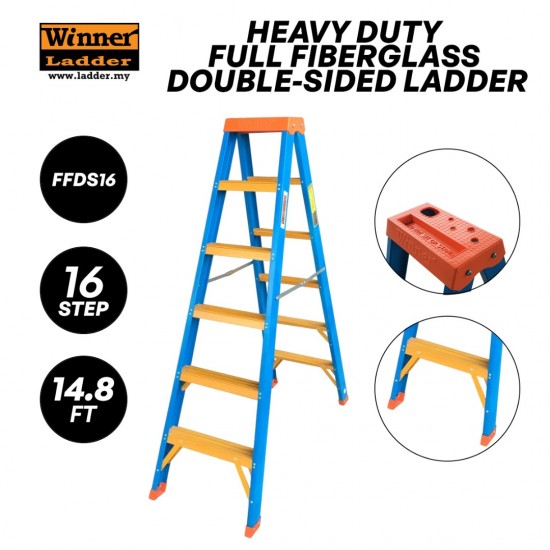 Winner FFDS16 Heavy Duty Full Fiberglass Double-Sided Ladder 16 Step 4 ...
