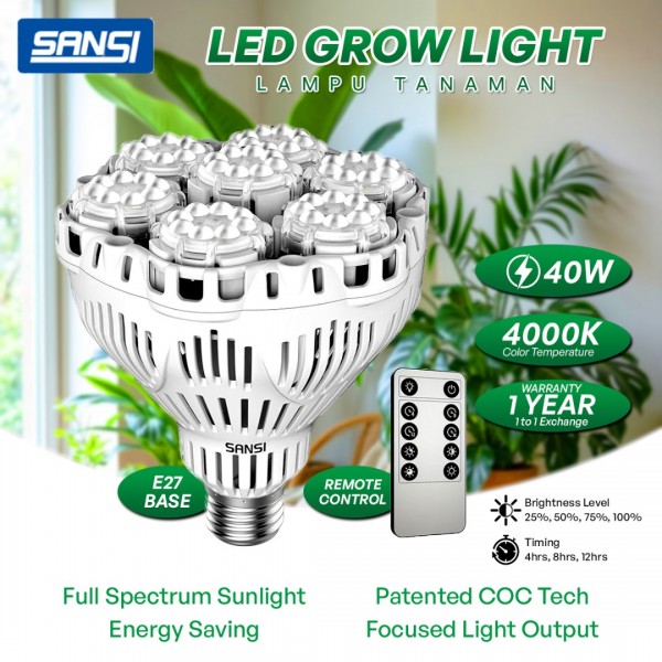 SANSI 40W LED Grow Light Bulb Daylight Full Spectrum Dimmable E27 Base ...