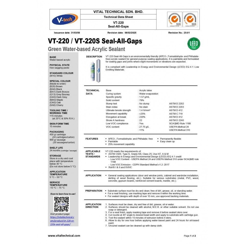 V-Tech VT-220 Seal-All-Gaps Silicone Sealant 450G - White