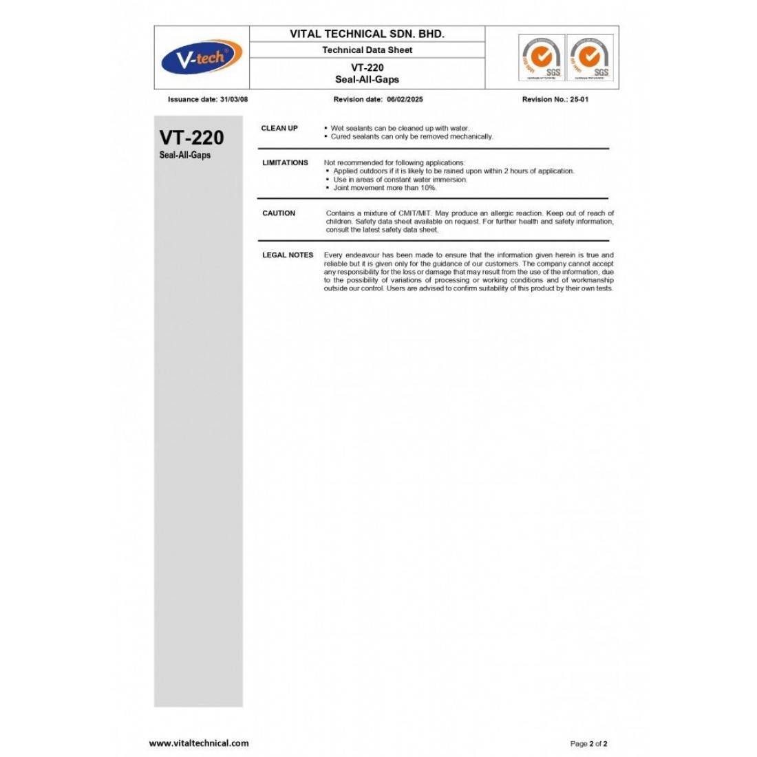 V-Tech VT-220 Seal-All-Gaps Silicone Sealant 450G - White