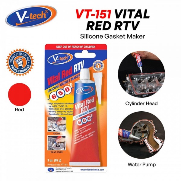 V-Tech VT-151 Vital Red RTV Silicone Gasket Maker Up to 650°F 85G - Red