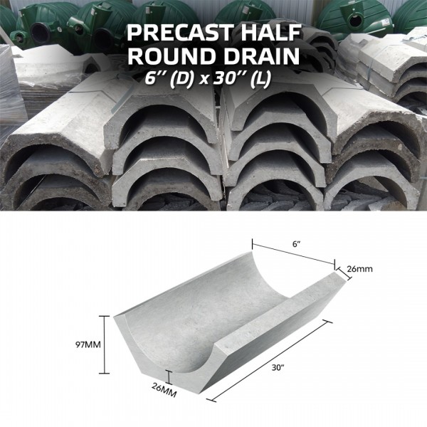 Pre Cast Half Round Concrete Drain 6" (D) x 30" (L)
