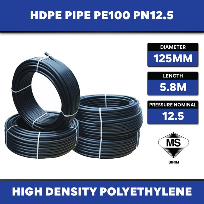 High Density Polyethylene HDPE Pipe 125MM (OD) x 5.8M (L) PN12.5 PE100 ...