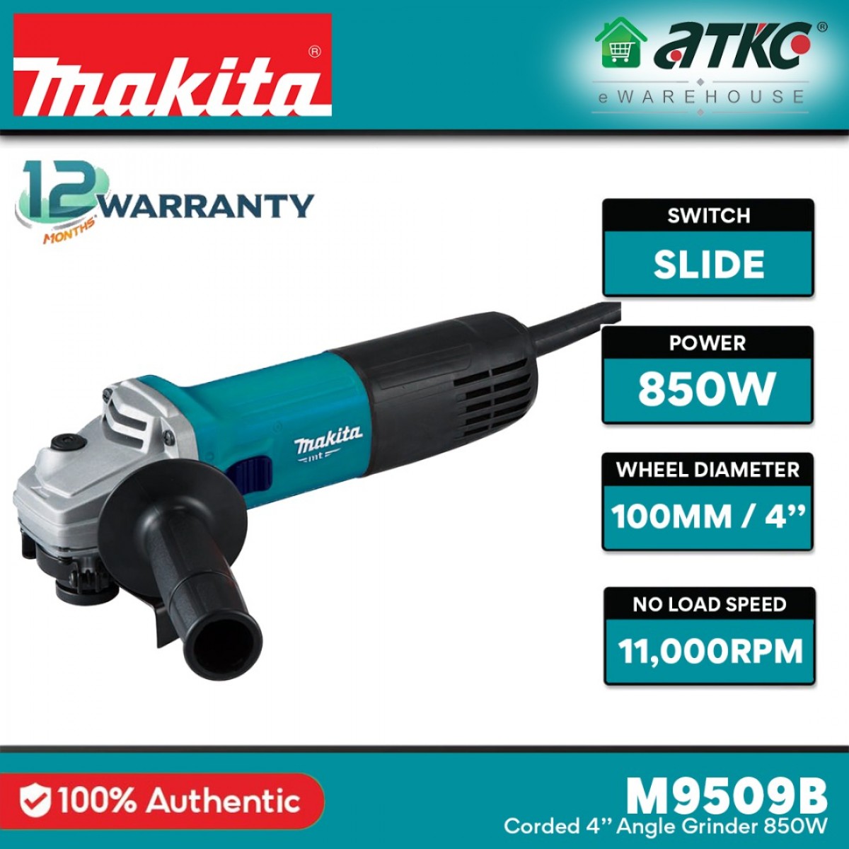 Makita M9509B Angle Grinder 4'' 850W (Slide Switch)