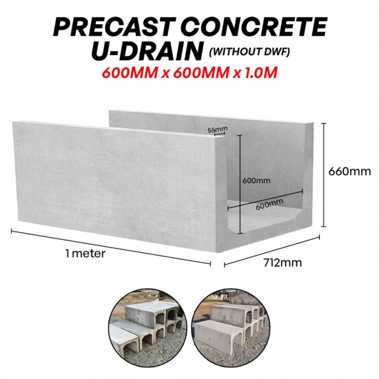 Precast U-Drain Without Dry Weather Flow 600MM x 600MM x 1.0M